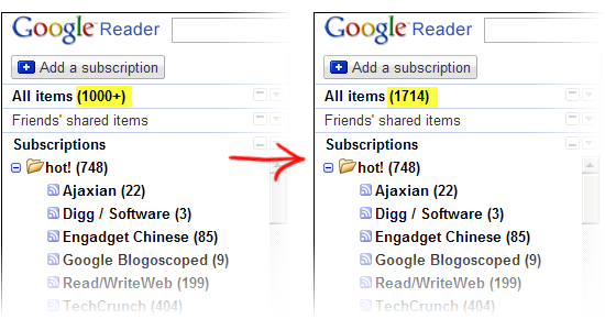 Show the Actual Unread Message Count in Google Reader